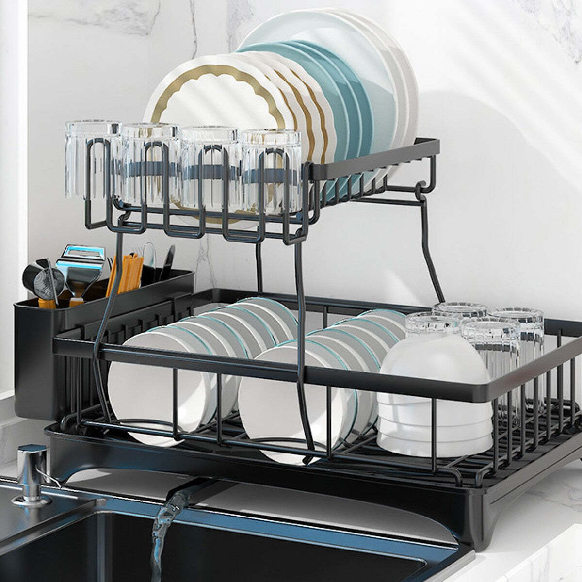 Viviendo 2 Tier Dish Drainer Rack with Cup & Cutlery Holder